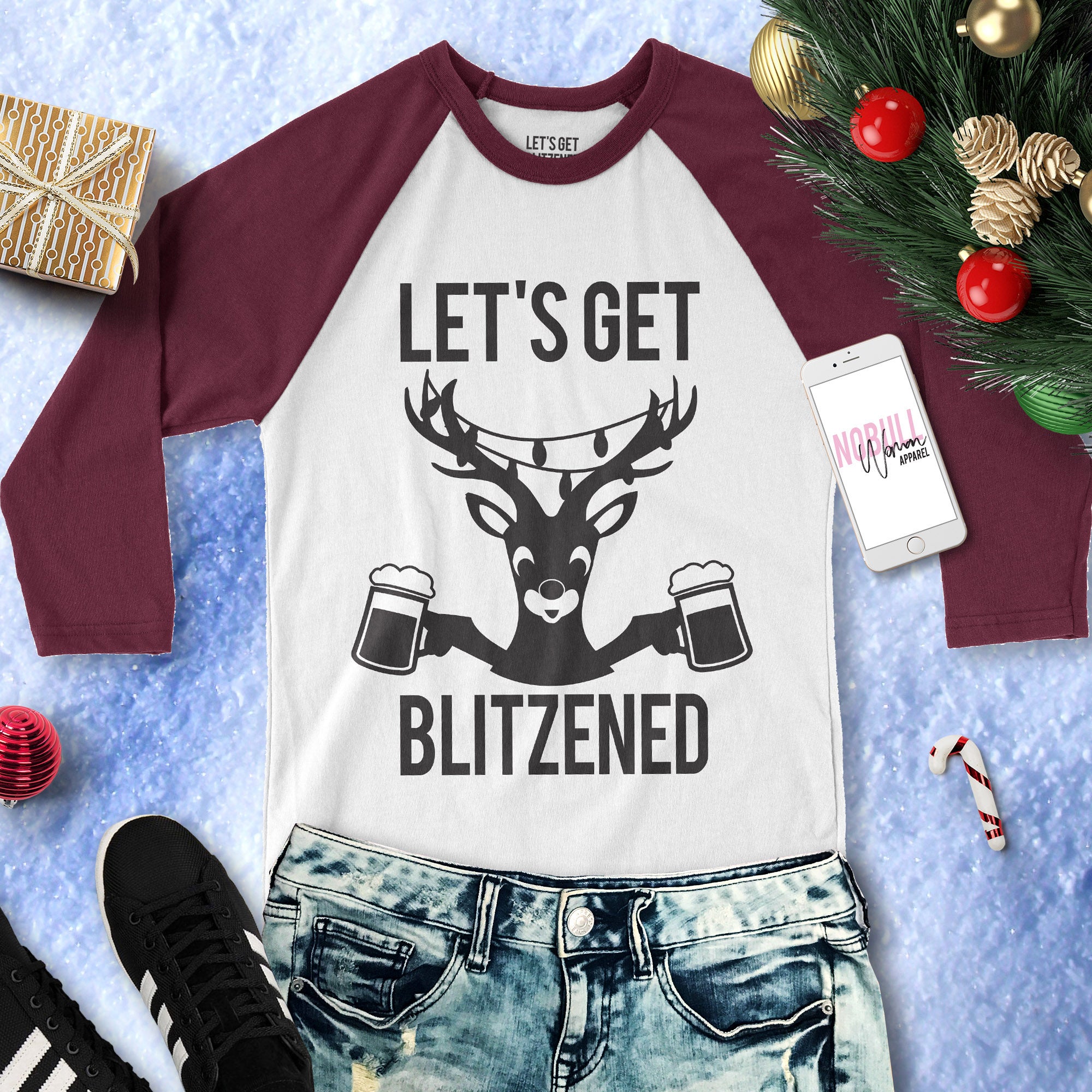 LET'S GET BLITZENED Christmas Baseball Tee Burgundy Unisex- Pick Versi ...